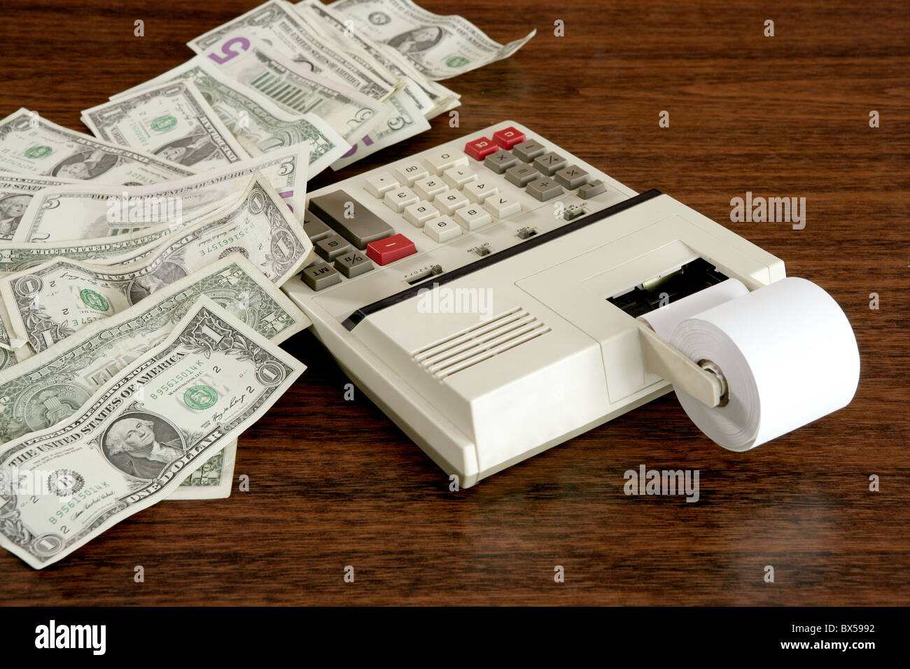 dollar notes calculator accountant office vintage retro wooden table ...