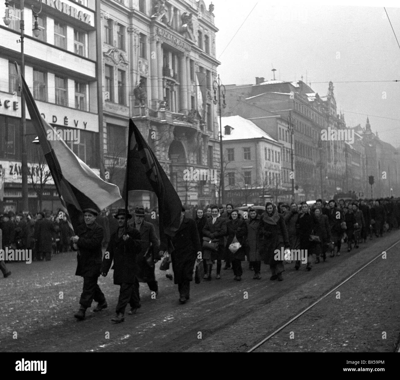 Prague, February 1948, crowd, enthusiastic, happy, Soviet flag ...