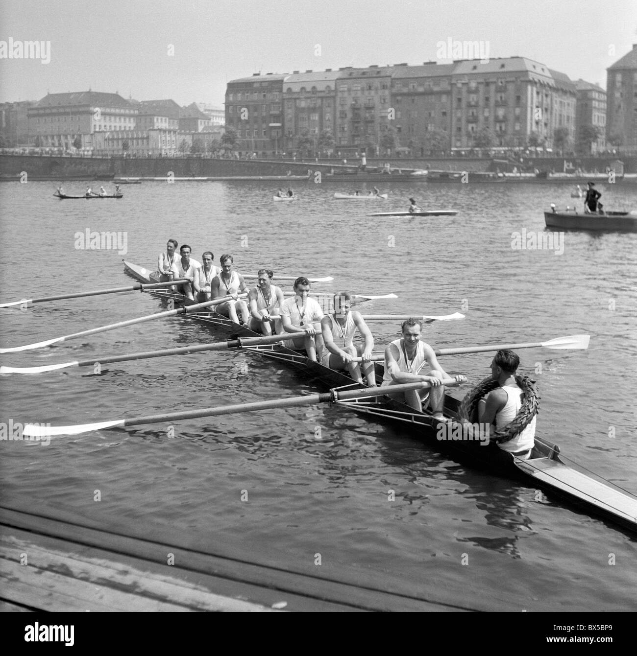 Prague, Czechoslovakia 1947. Rowers after winning race on Vltava River ...