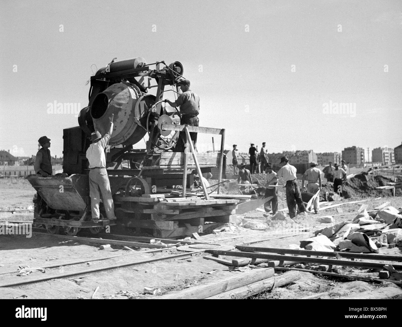 Prague, Strasnice - Czechoslovakia 1947. Giant concrete mixer is used ...