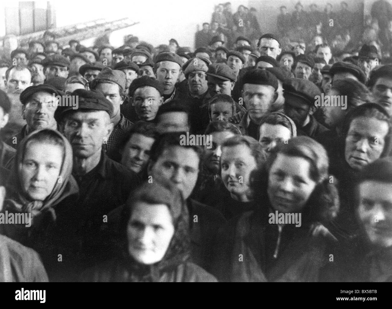 Czechoslovakia - Prague, 1948. Citizens listen to speech by Klement ...
