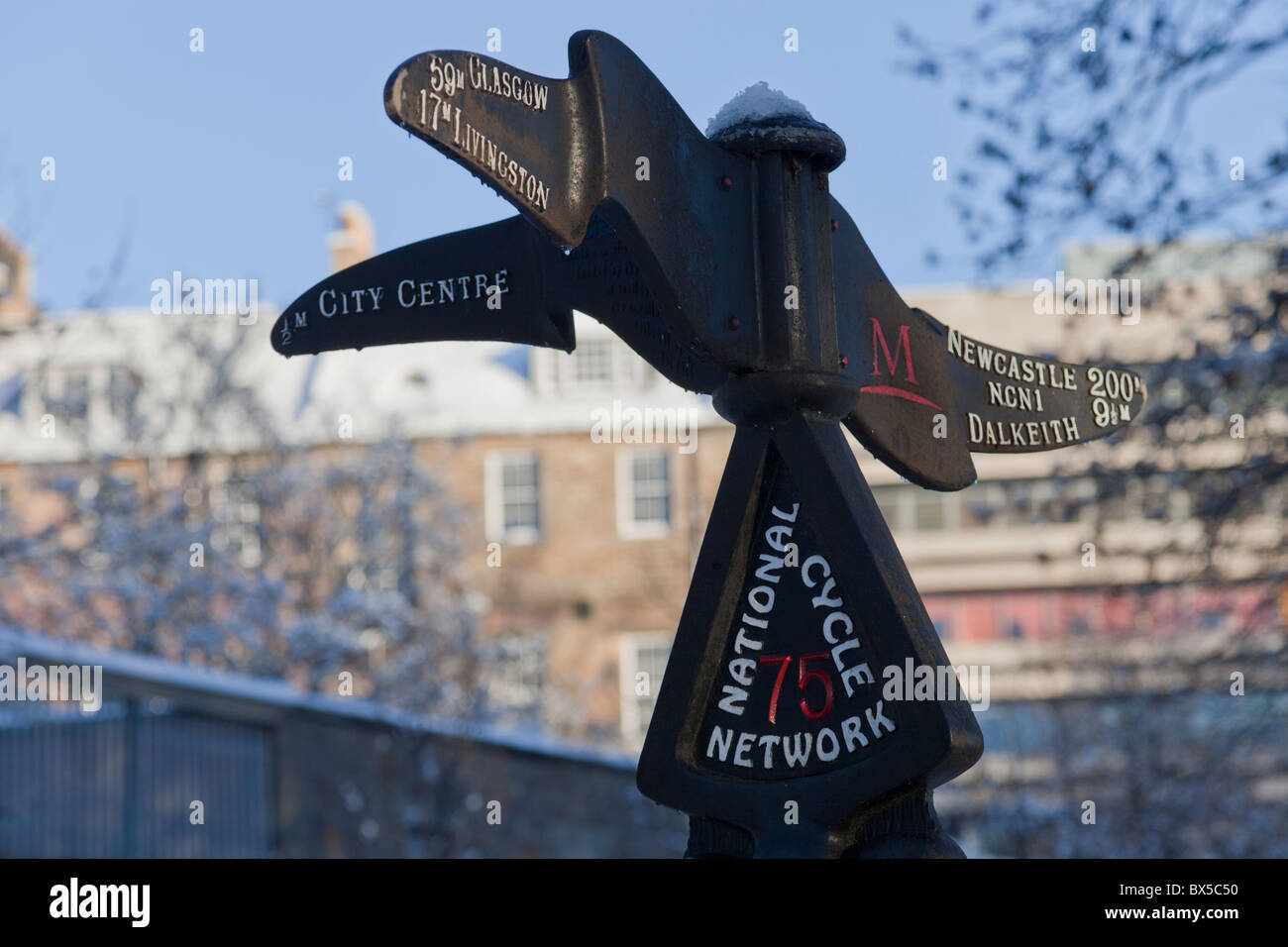 Bike path sign for the National Cycle Network, in the Meadows Park ...