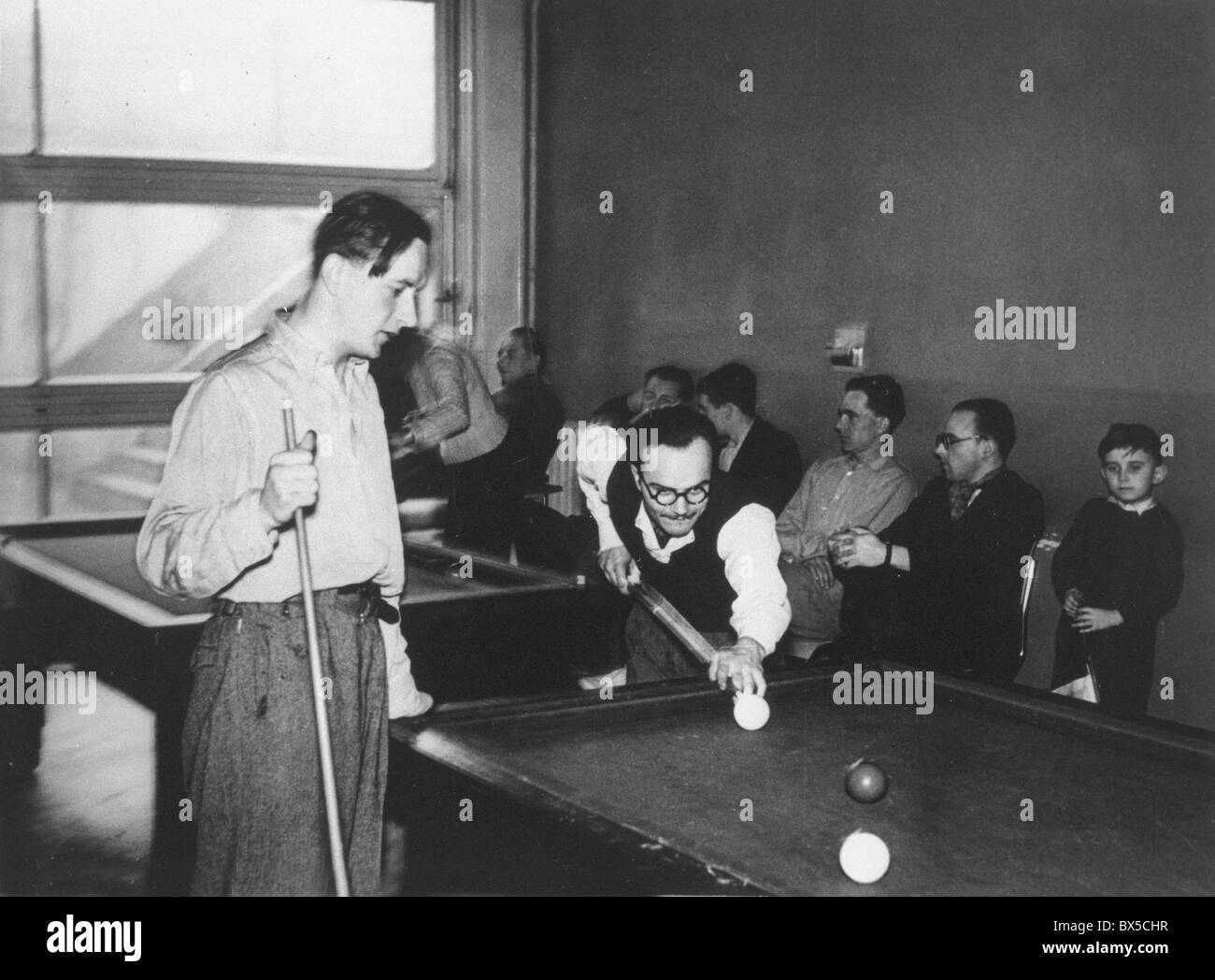 Prague 1938, students playing pool Stock Photo - Alamy