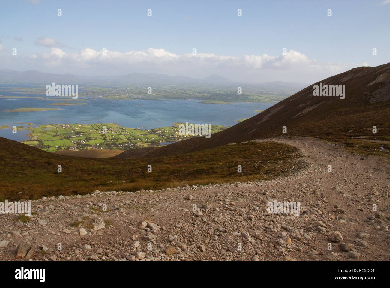 Looking down from Croagh Patrick trail across the base of the mountan ...