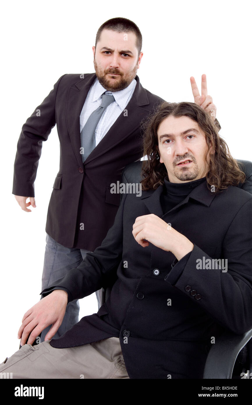 two silly young business men portrait isolated on white background ...