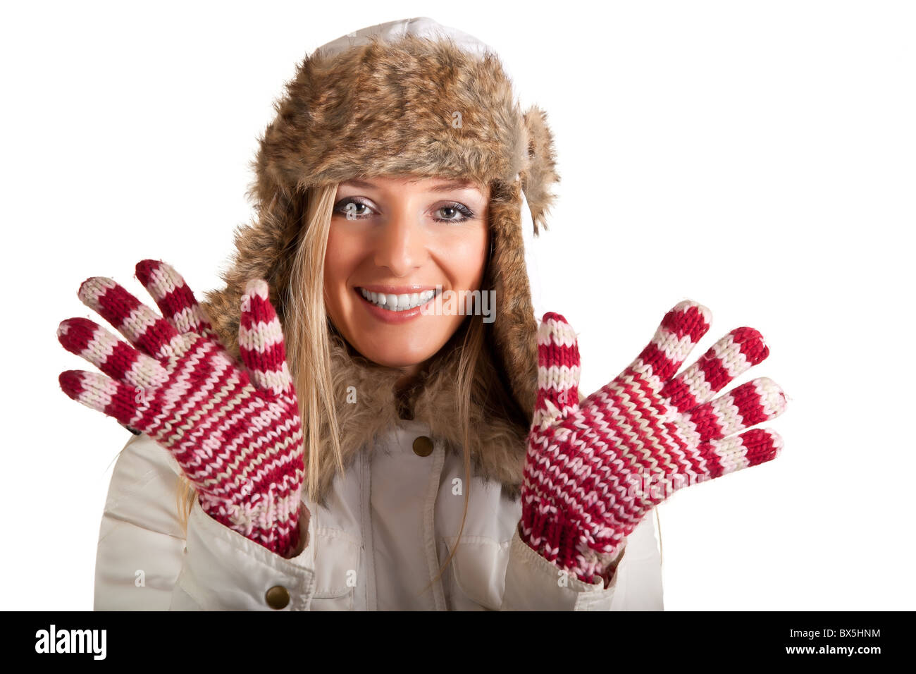 Woman in warm clothes isolated on white Stock Photo - Alamy