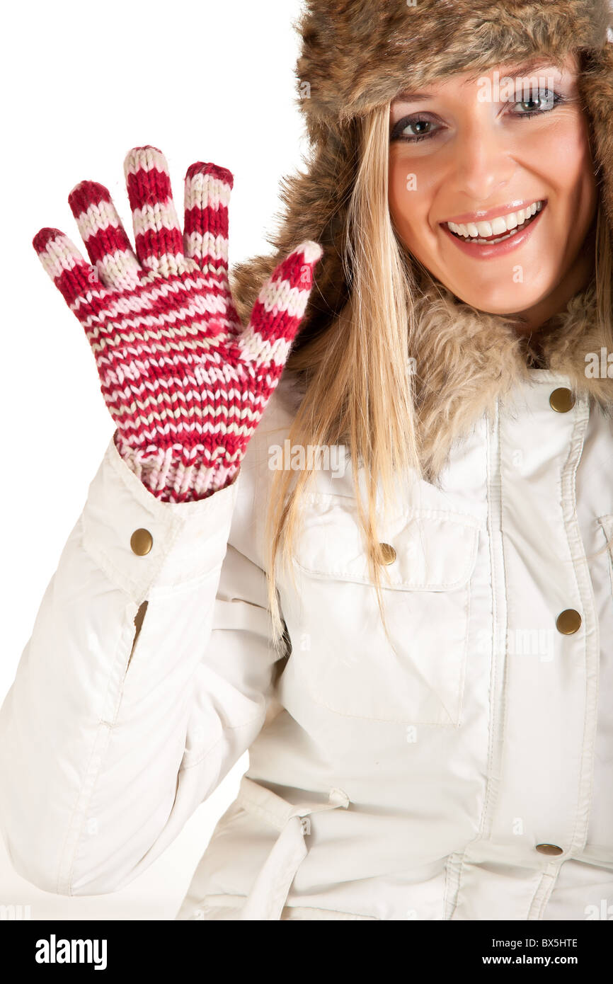 Woman in warm clothes isolated on white Stock Photo - Alamy