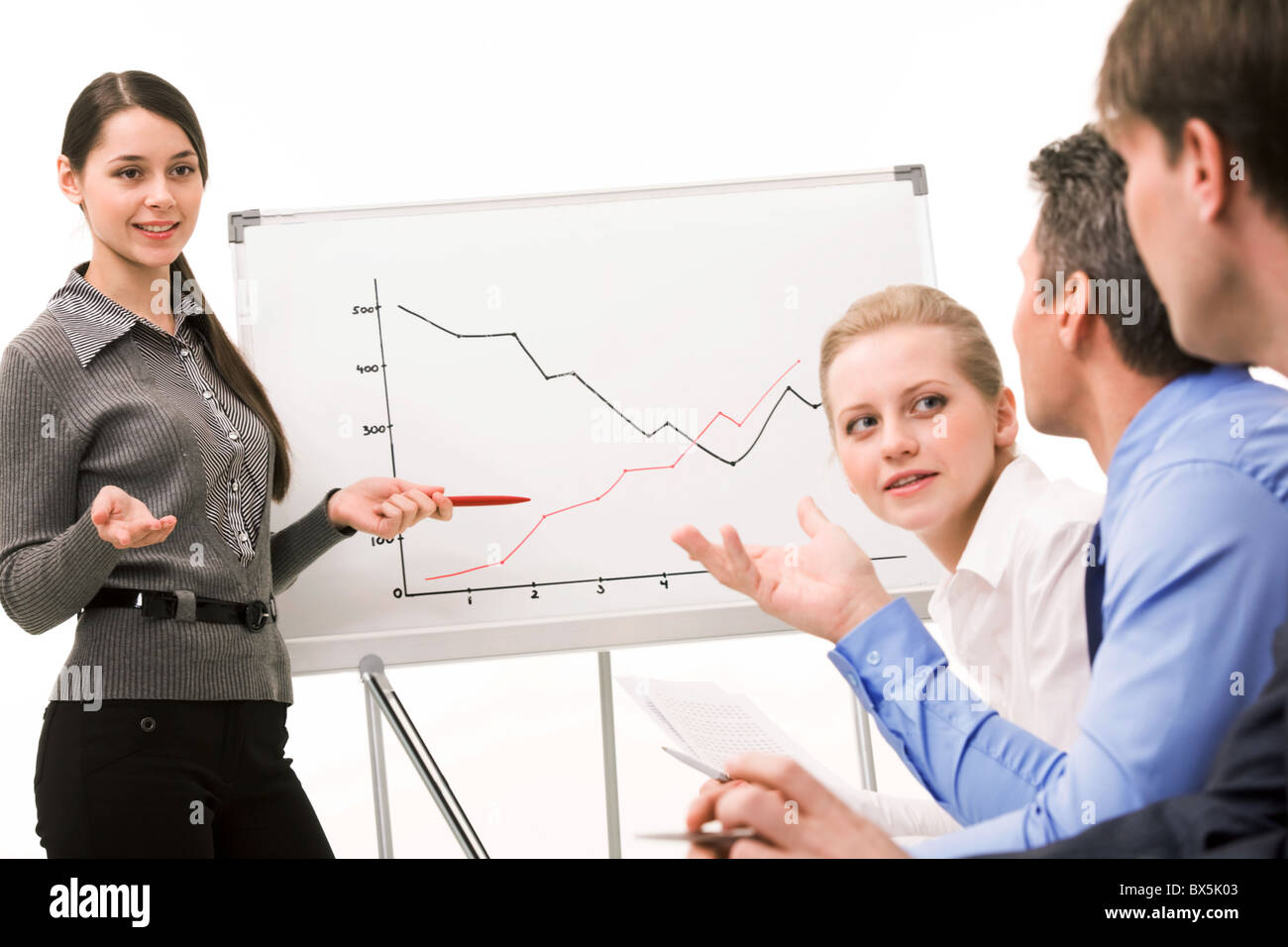 Image of confident woman making presentation and interacting with the ...