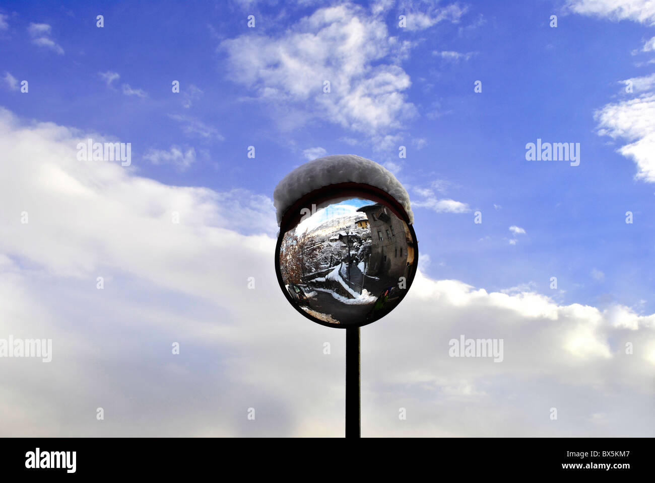 mirror reflection winter landscape with road Stock Photo - Alamy
