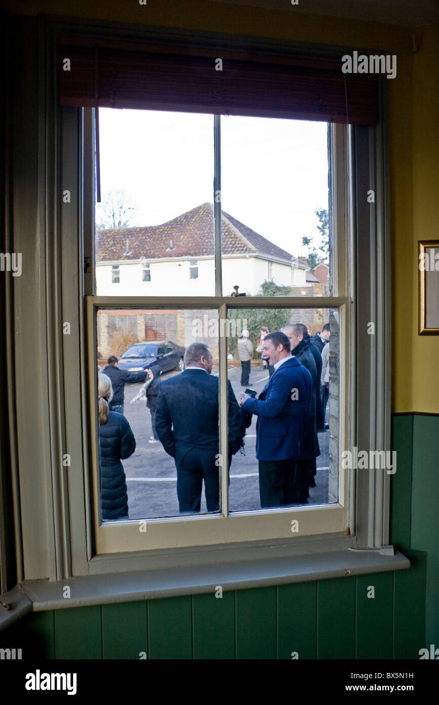 Security team at the Five Bells Pub, Colne Engaine, Essex, awaiting the ...