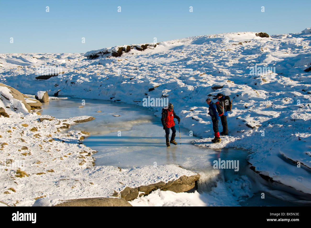 Walkers on the frozen Kinder river, on the Kinder Scout plateau near ...
