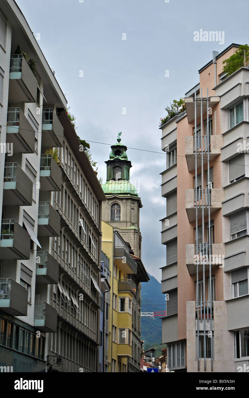 Tyrolean style house with windows and decorations and bell Stock Photo ...