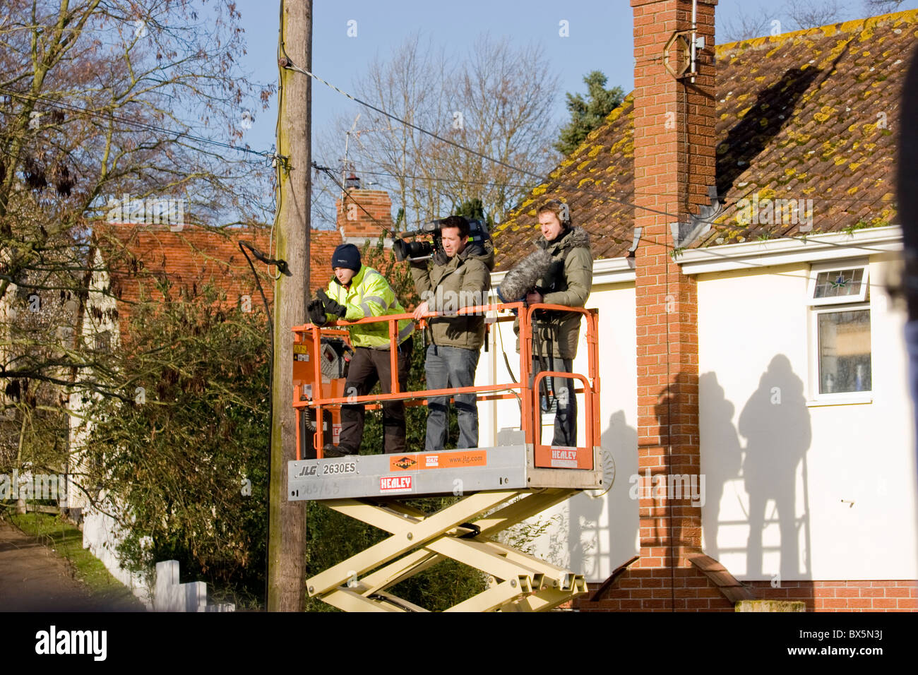 Camera crew at the Five Bells pub, Colne Engaine, Essex, filming X ...