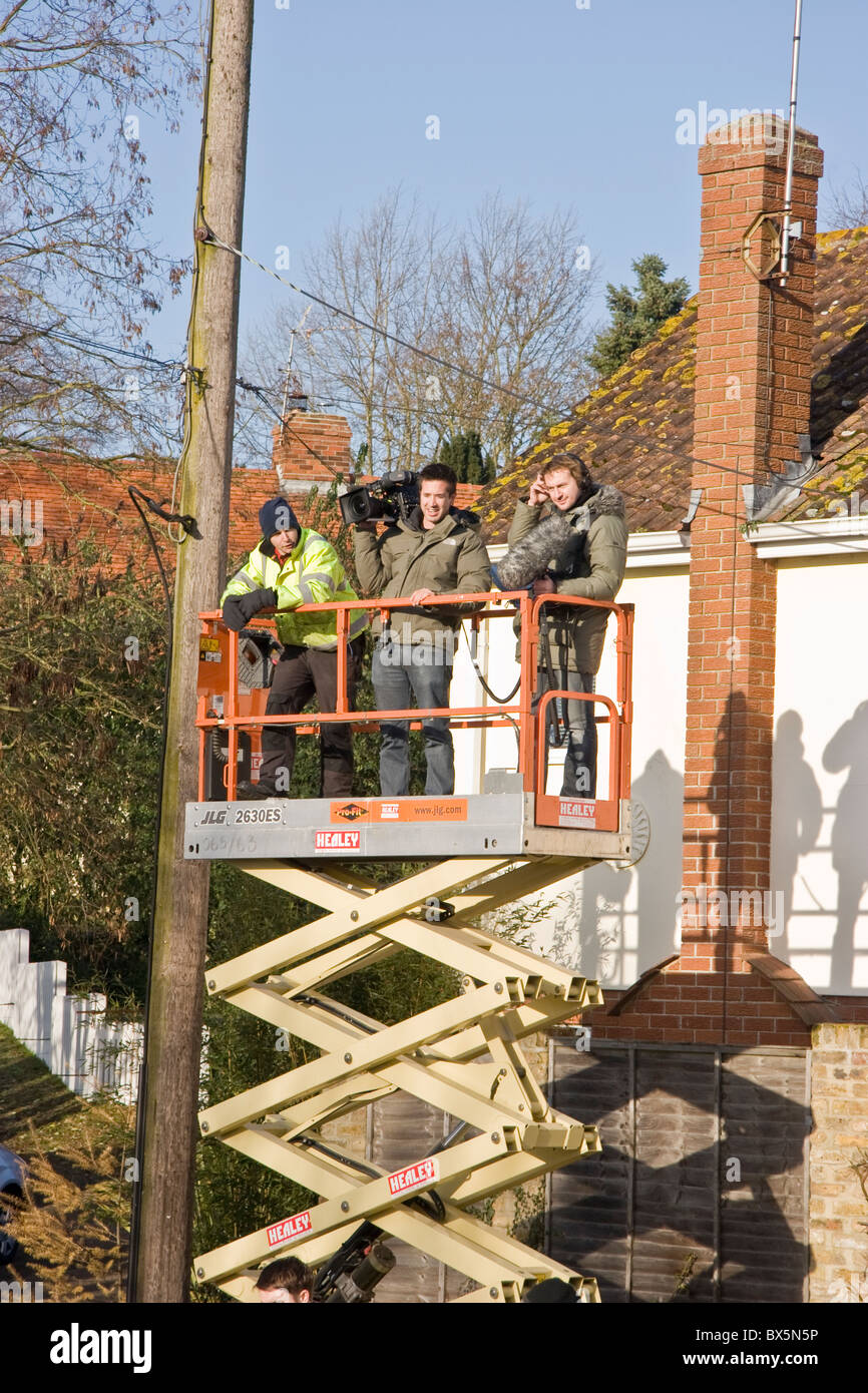 Camera crew at the Five Bells pub, Colne Engaine, Essex, filming X ...