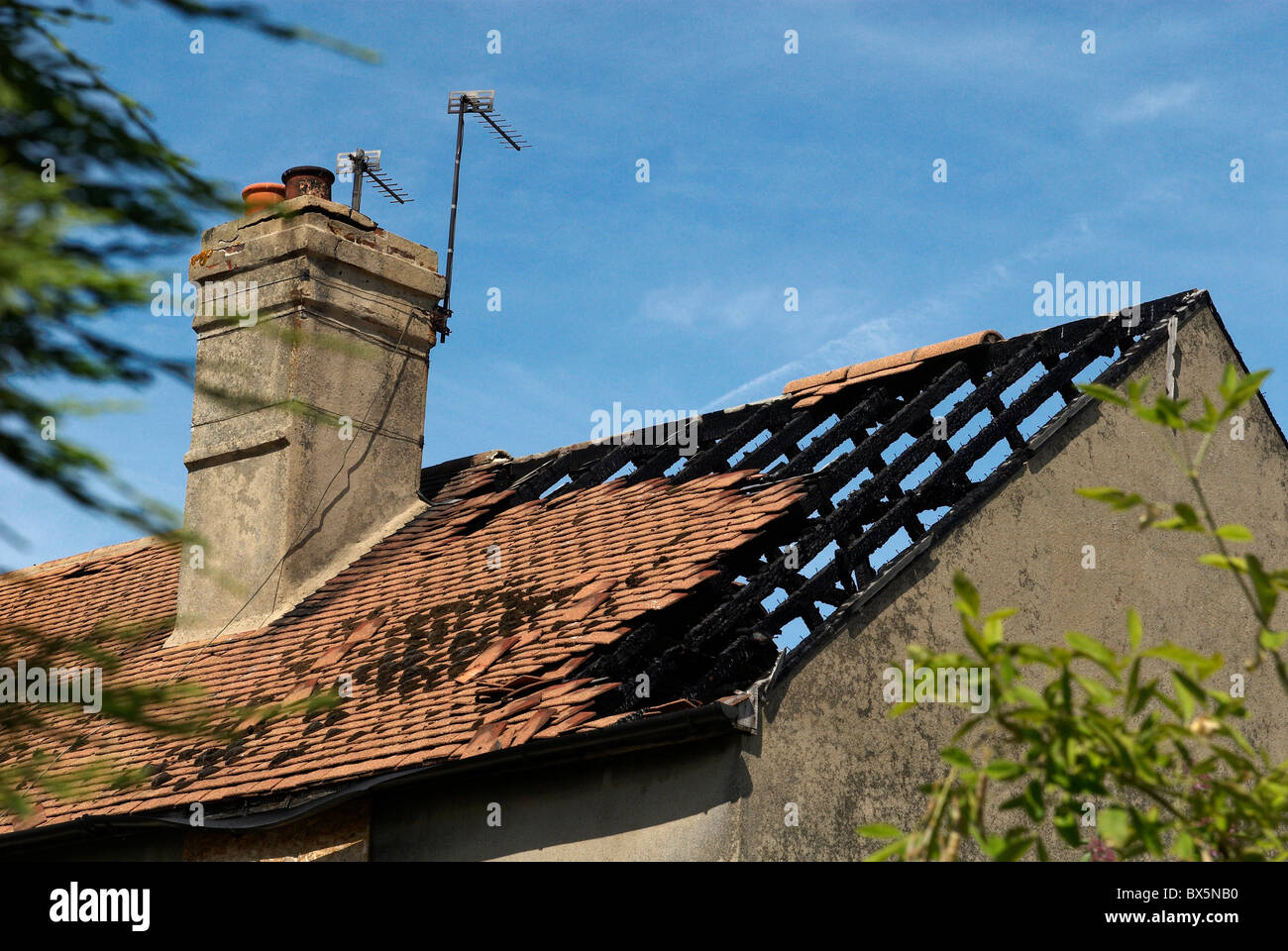 A roof of a house damaged by fire Clacton-on-Sea Essex UK Stock Photo ...