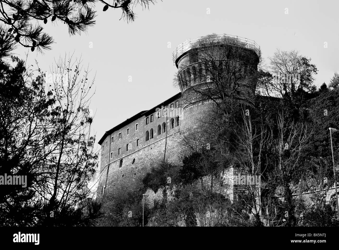 medieval stone castle with blue sky background Stock Photo - Alamy