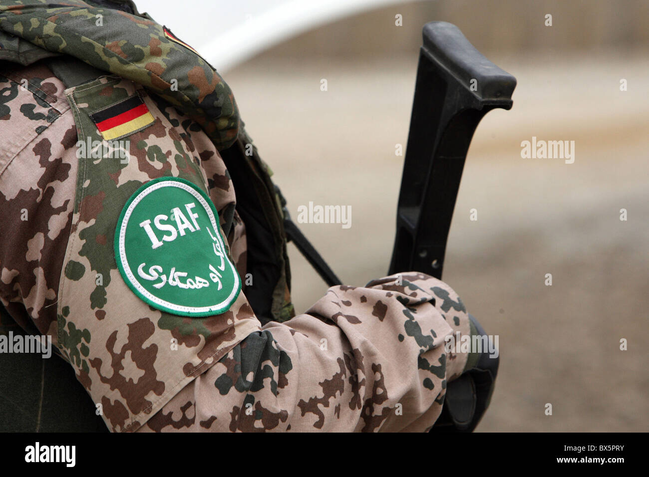 ISAF sign on the sleeve of a German Armed Forces soldier, Camp Marmal ...