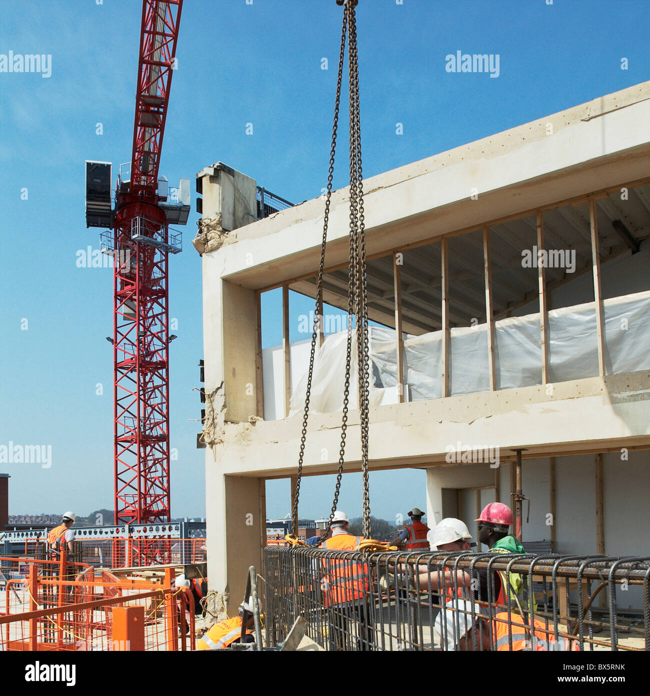 Steel rods put into place for concrete on the construction of a multi ...