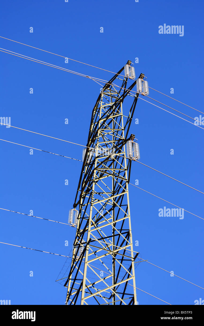 low voltage power line with blue sky background Stock Photo - Alamy