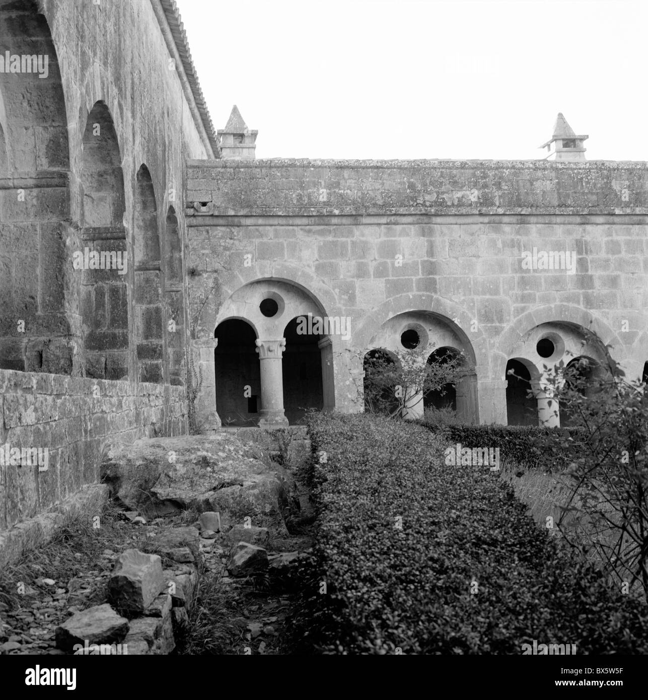 Corner of central courtyard of abbey and cathedral, showing Romanesque ...