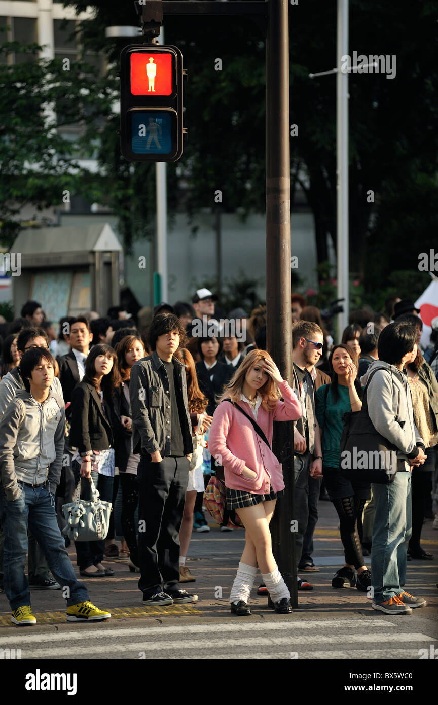 Young Japanese waiting at Shibuya Crossing in the evening sun, Tokyo ...