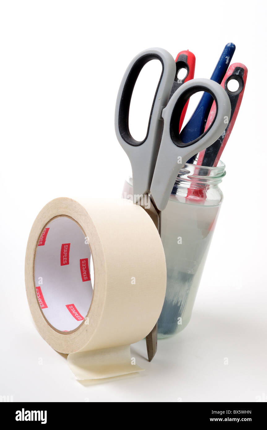 Decorating Tools.Tape,Scissors,Paint Brush Stock Photo - Alamy