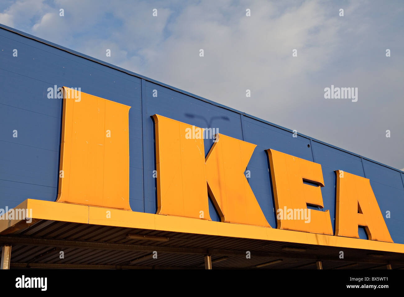Logo of IKEA furniture chain store in the shopping park in Prague ...