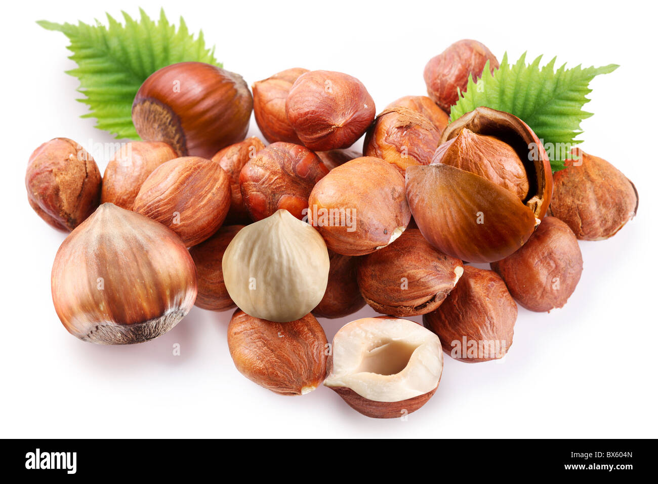 Filberts with leaves on white background Stock Photo - Alamy