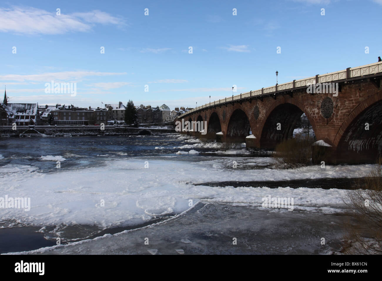 Ice on the River Tay and Smeatons bridge in winter Perth Scotland ...