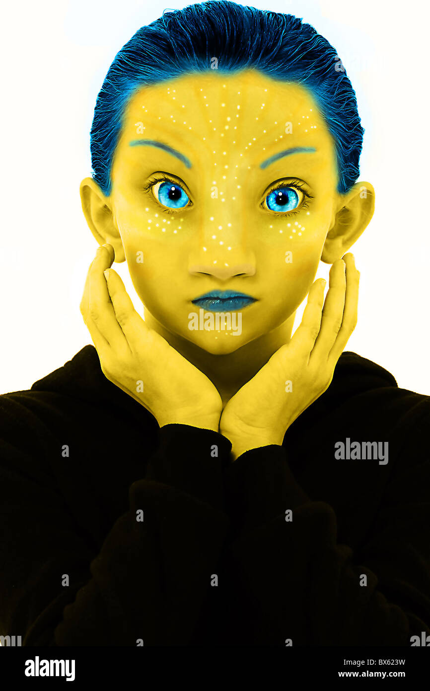 Illustration Photograph of a yellow and blue alien girl meditating over ...
