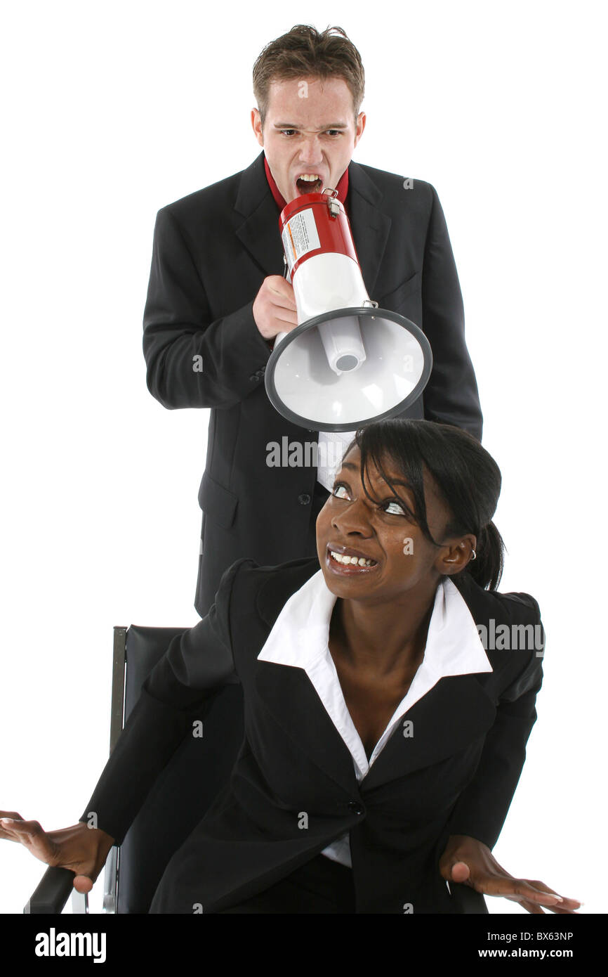 Business man yelling at woman through blow horn over white Stock Photo ...