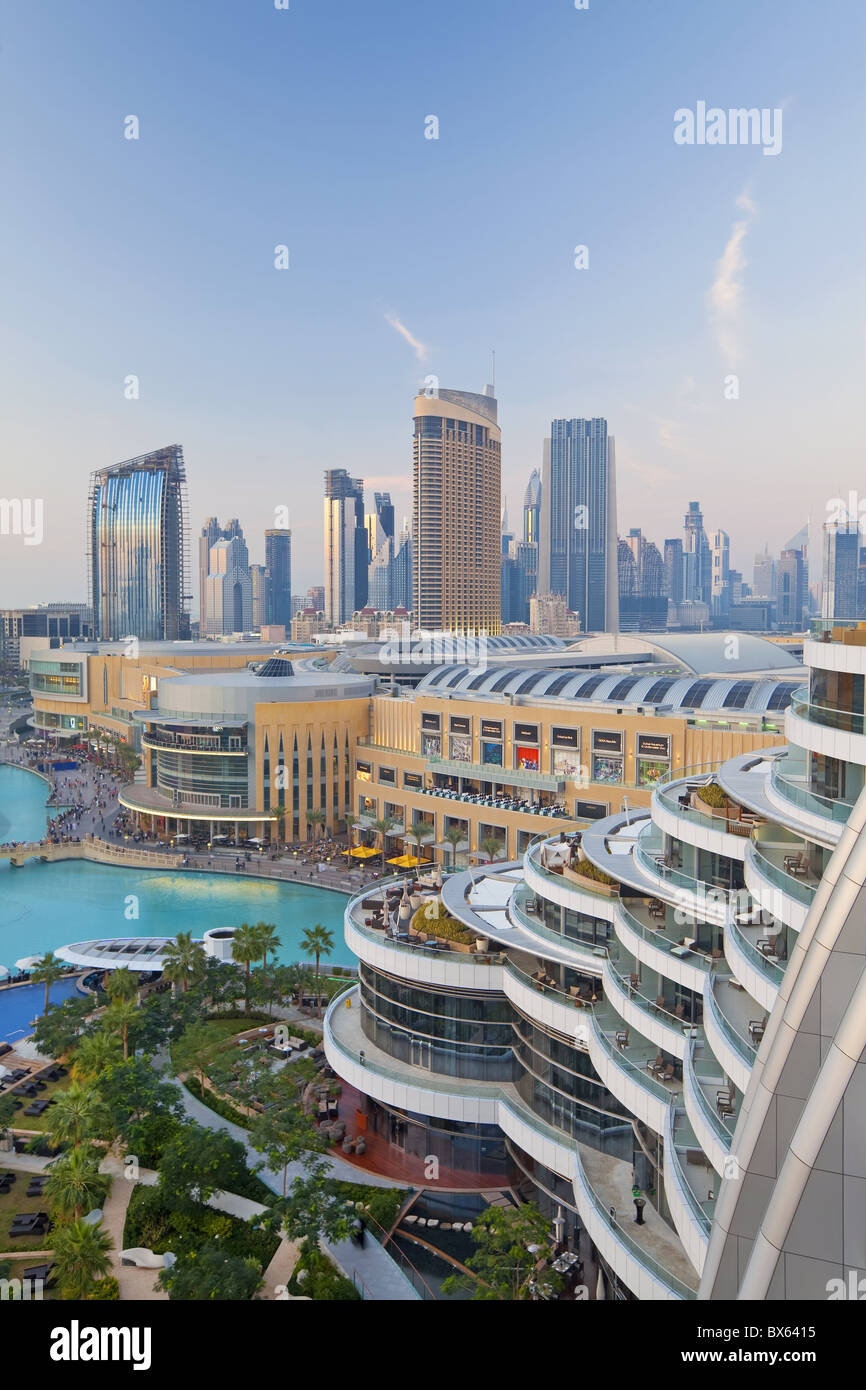 Dubai skyline, elevated view over the Dubai Mall and Burj Khalifa Park ...
