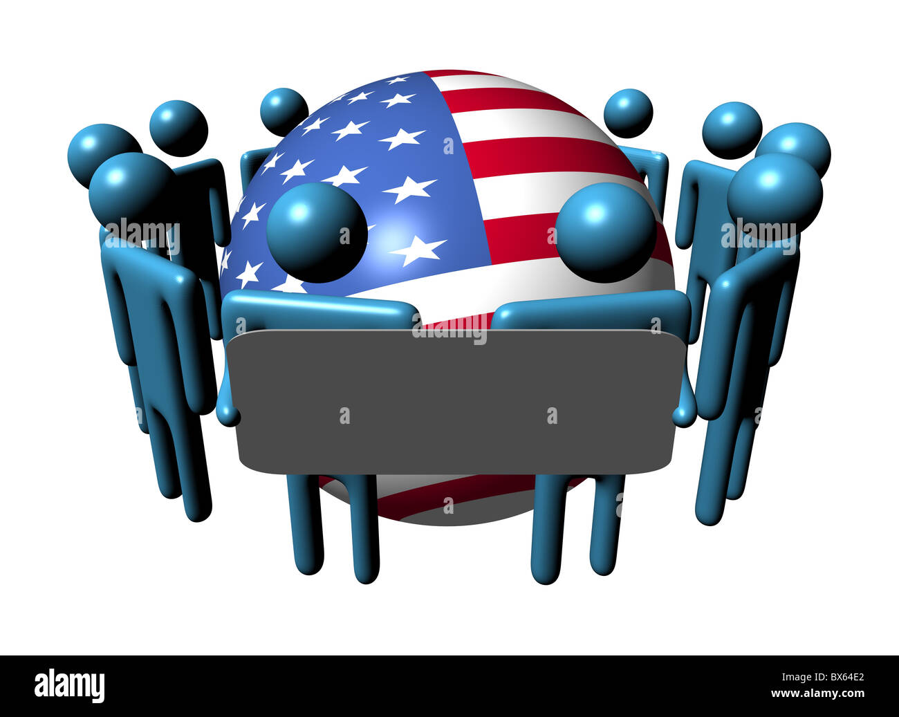 Circle of abstract people with sign around USA flag sphere illustration ...