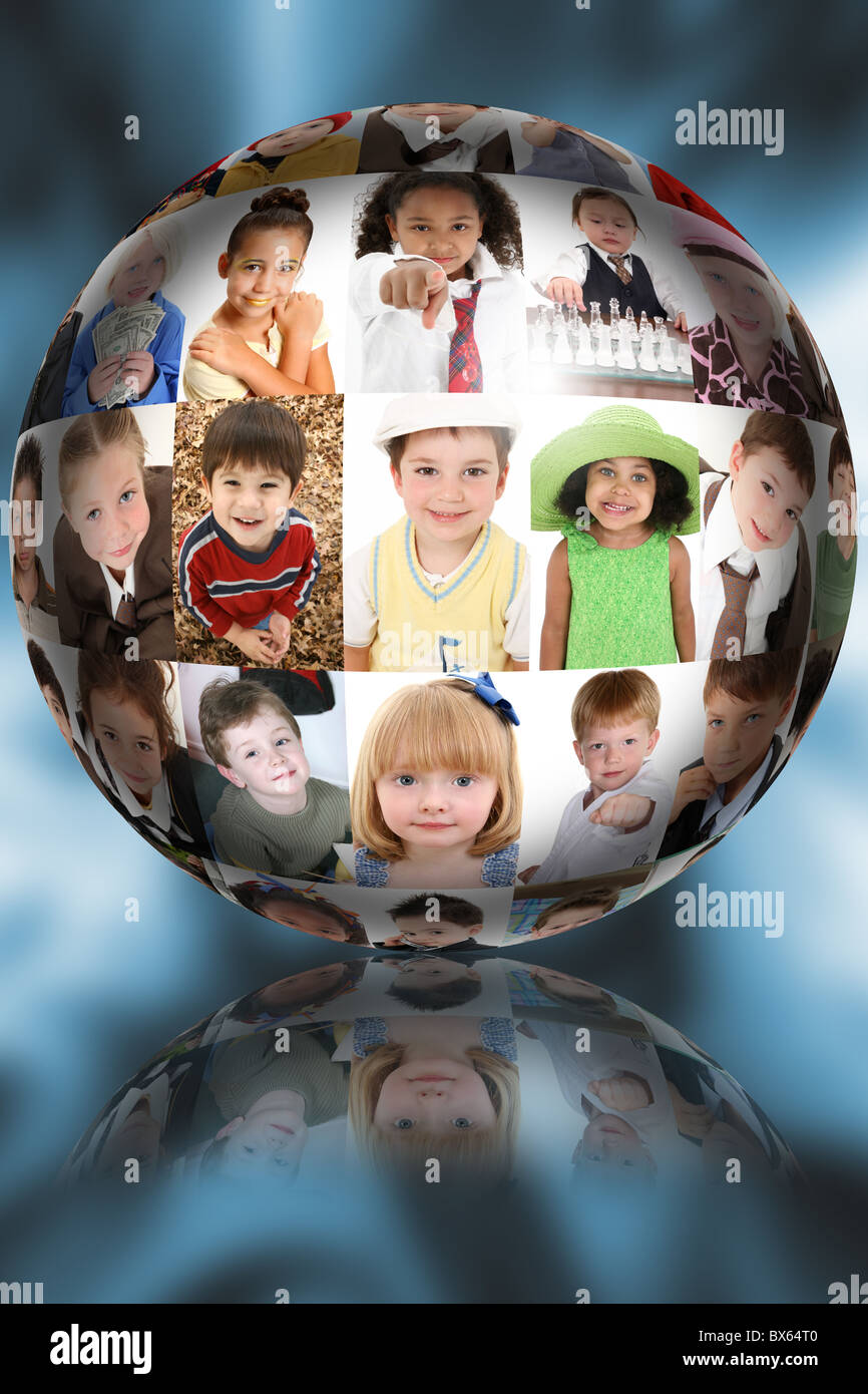 Portrait image ball over abstract blue background filled with various ...