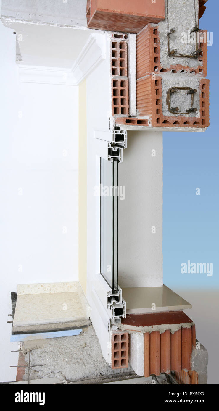 facade wall cross section of brick blocks window structure roof and ...