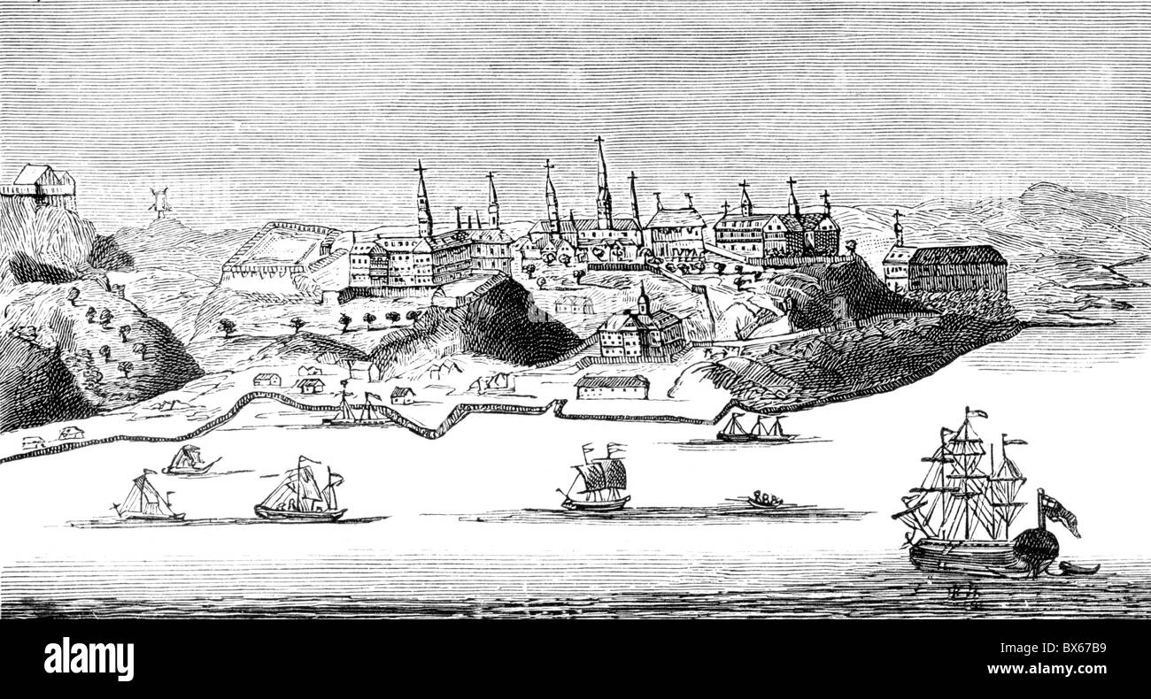 A view of the City of Quebec in New France, America; circa 1740; Black ...