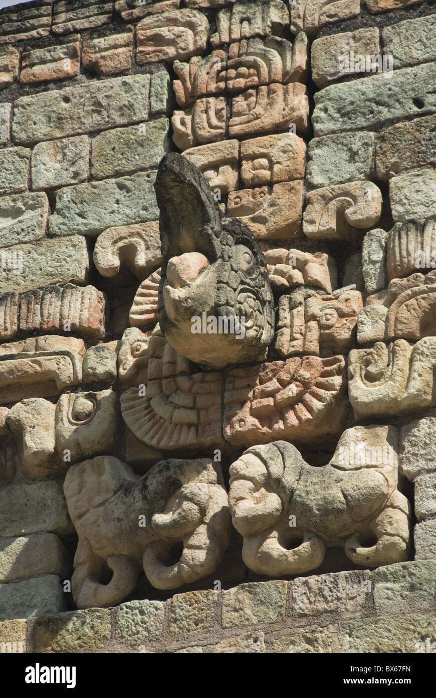 Stone sculpture of Mayan god, Ball Court, Copan Archaeological Park ...