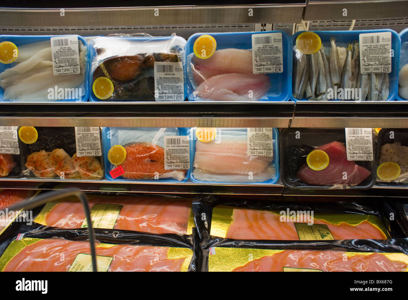 Packages of various varieties of fish at a supermarket in the New York ...