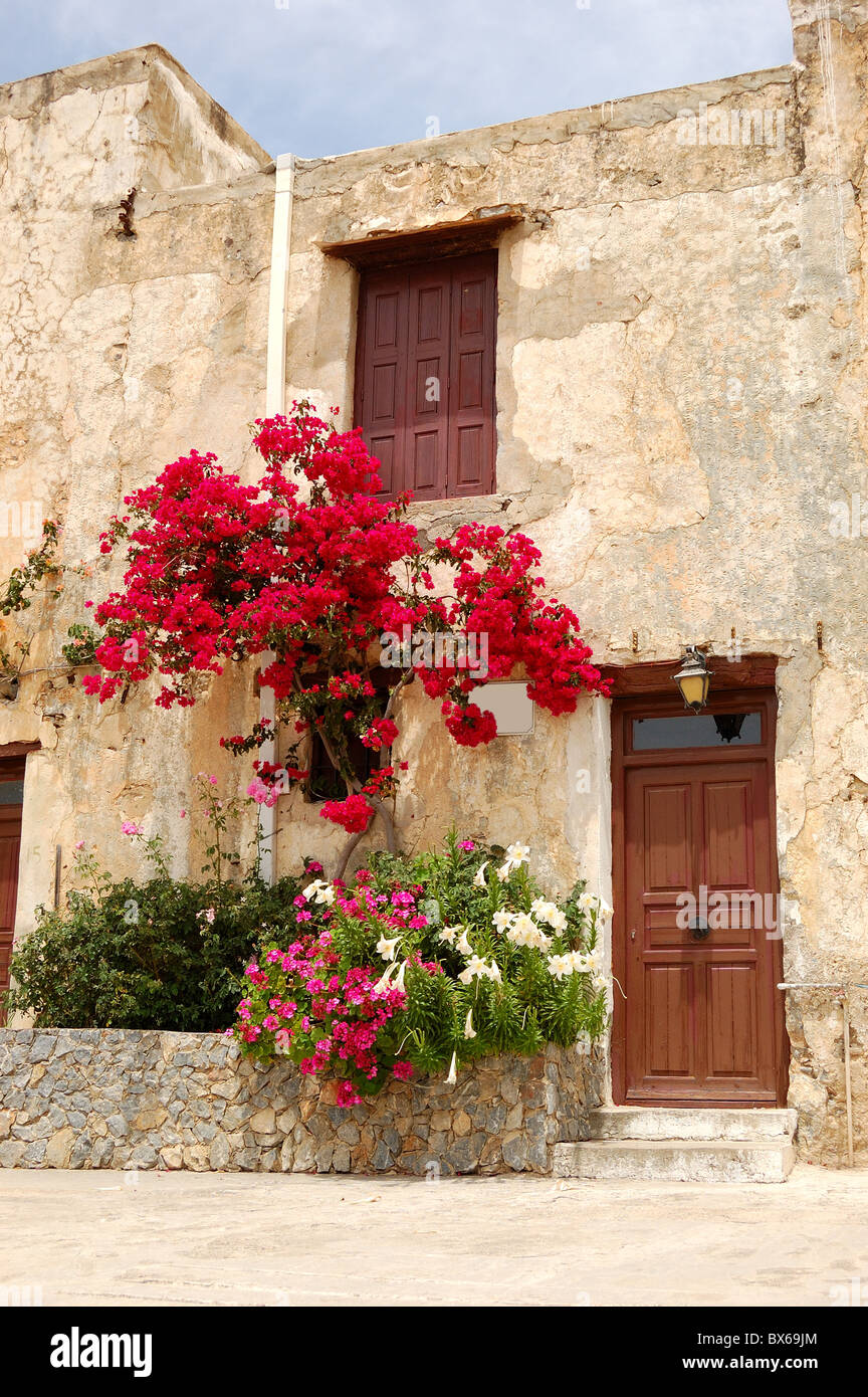 Traditional Greek architecture and building decoration with flowers ...