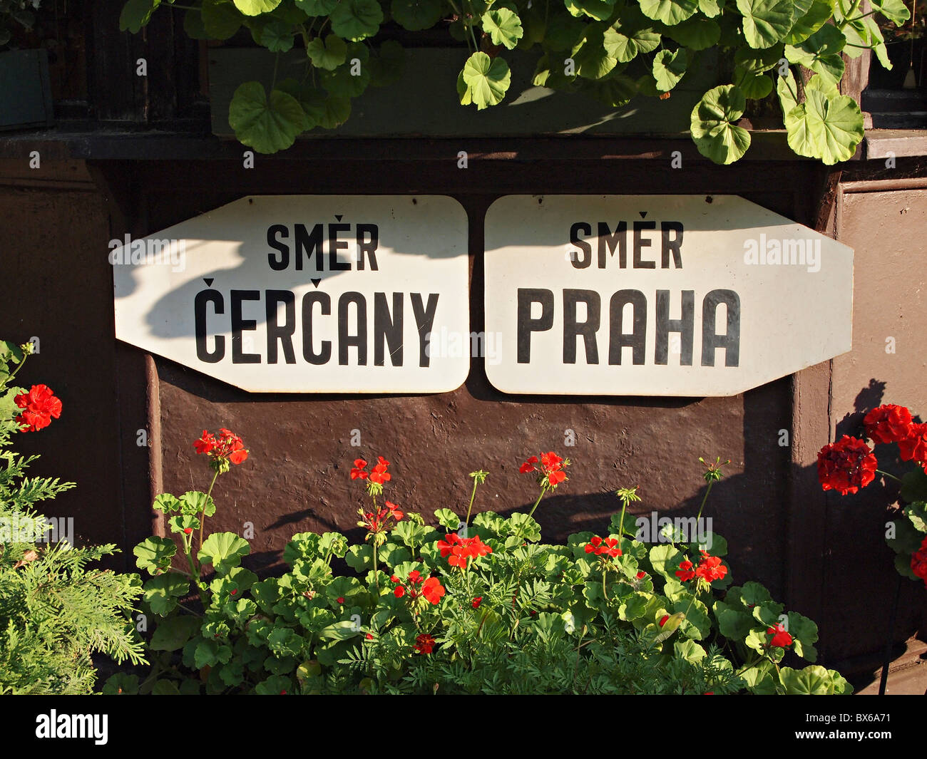 Train station Davle, Czech Republic. Direction signs. Cercany on the ...