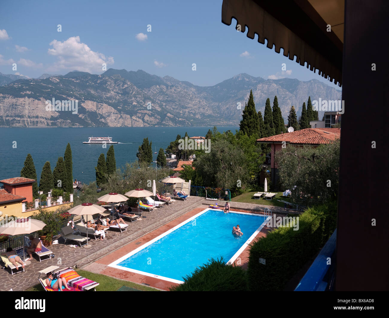 Swimming pool overlooking Lake in Malcesine on Lake Garda in Northern ...