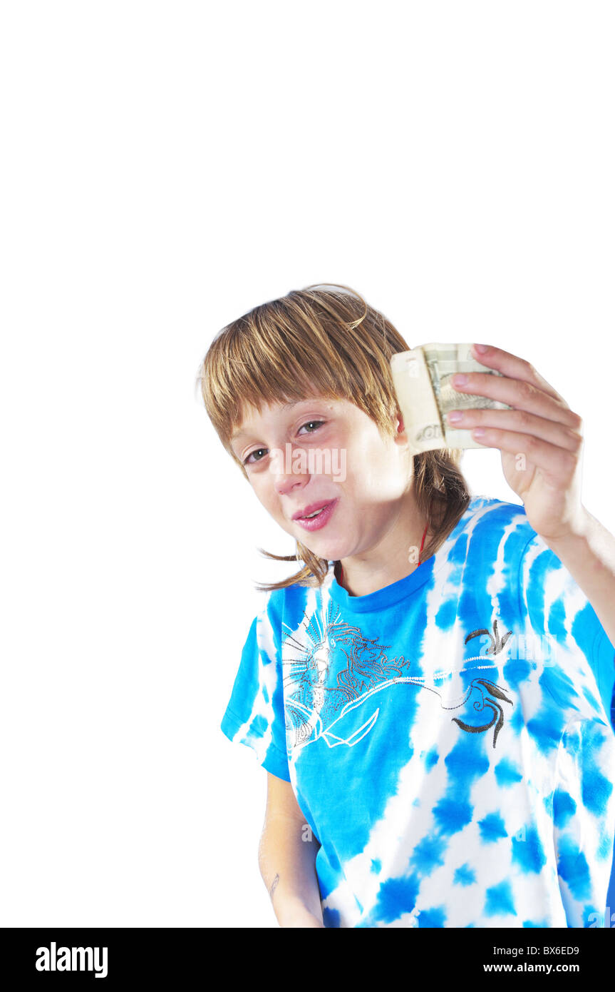 The white boy showing money in a dark blue vest Stock Photo - Alamy
