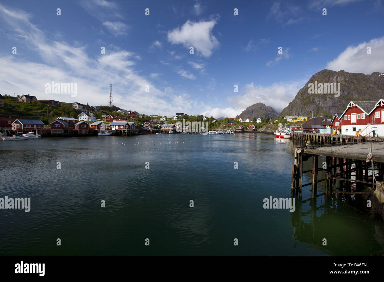 The fishing harbour of Sorvagen, Moskenesoy island, Lofoten archipelago ...
