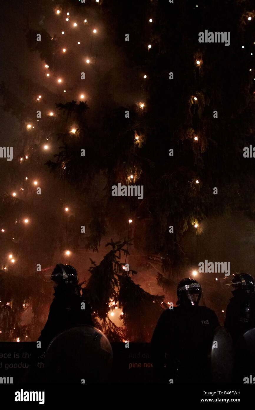 Protesters set fire to the Christmas Tree in Trafalgar Square during a ...