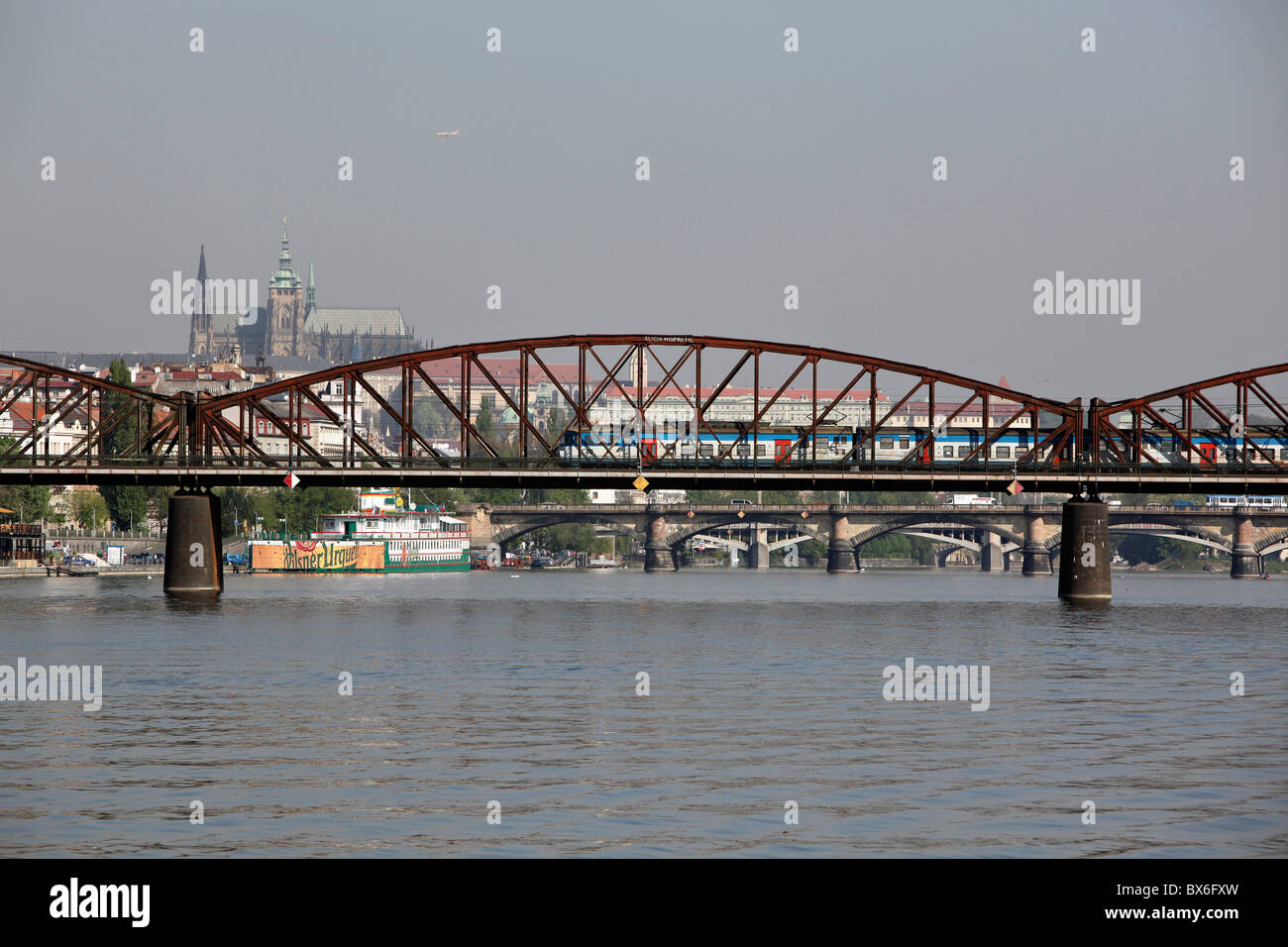 Prague, railroad bridge, Vltava, river Stock Photo - Alamy