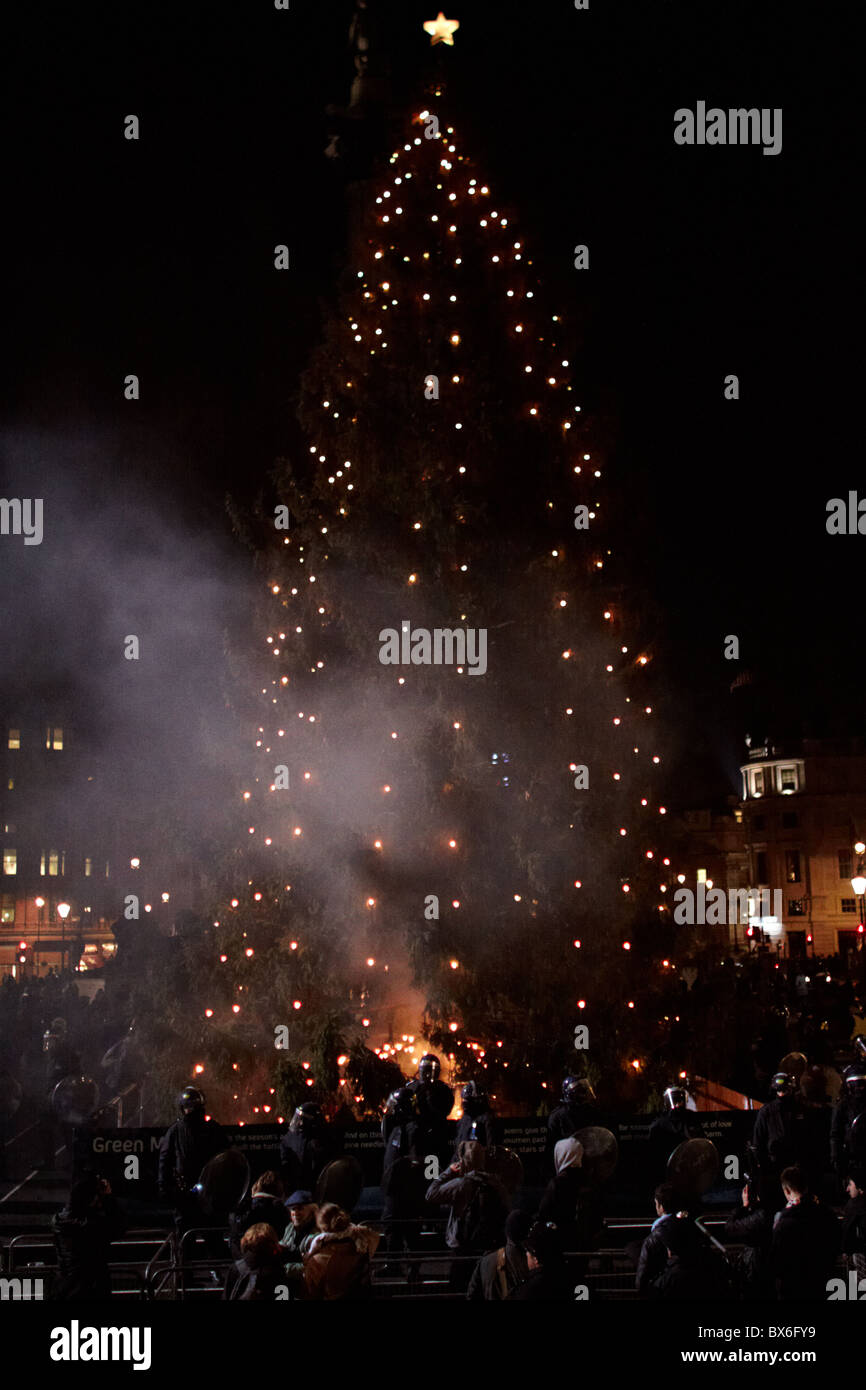 Protesters set fire to the Christmas Tree in Trafalgar Square during a ...