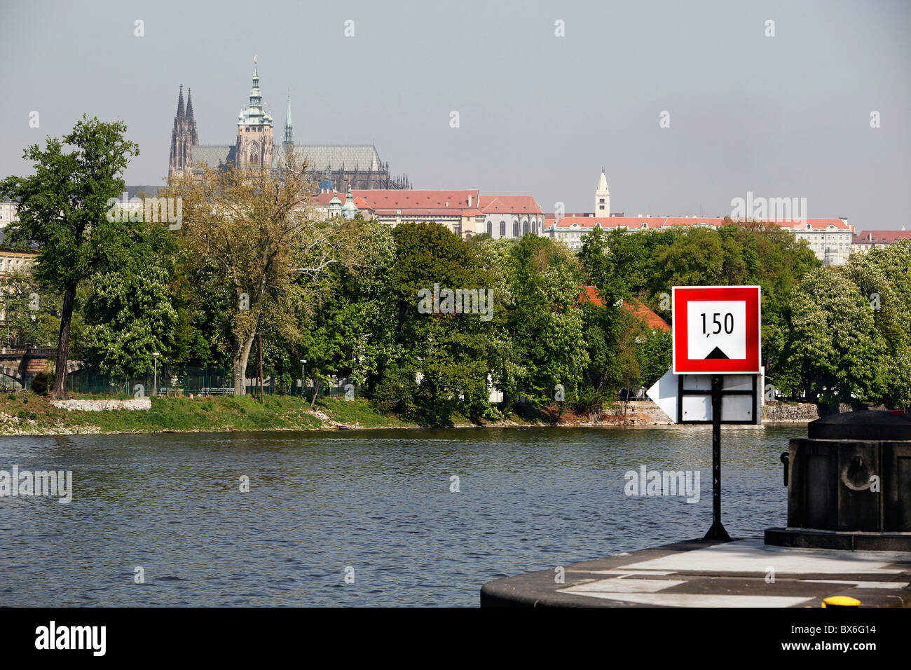 Prague, sign on the embankement of Vltava River shows depth of water in ...
