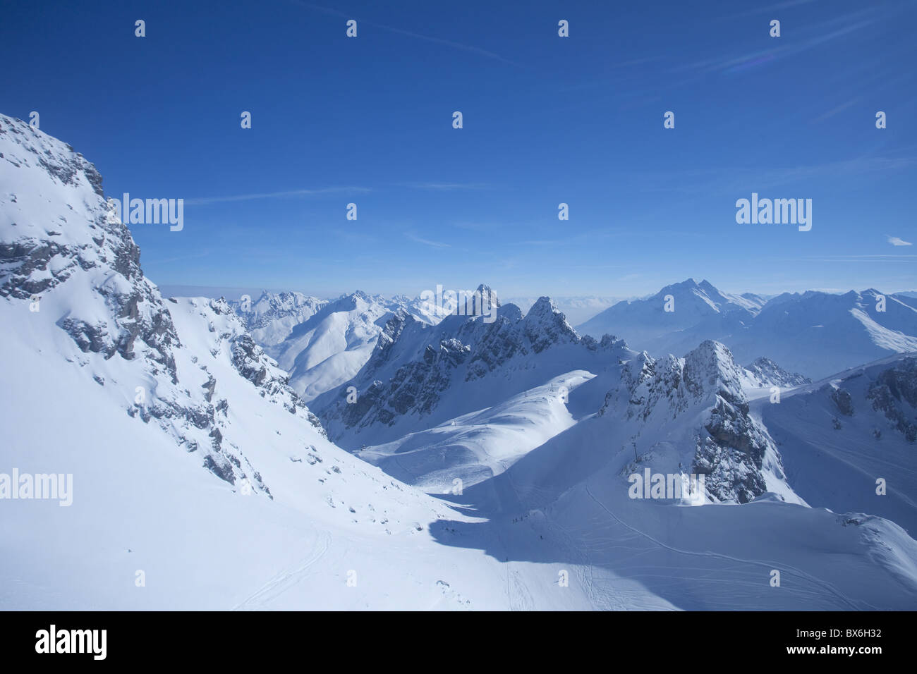 View from summit of Valluga in St. Anton am Arlberg in winter snow ...