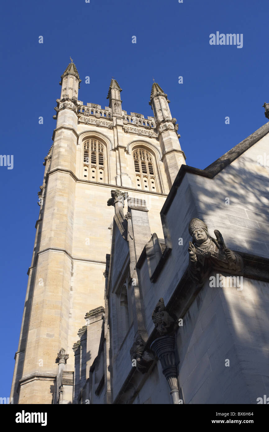 Looking up at chapel tower of Magdalen College, Oxford, Oxfordshire ...