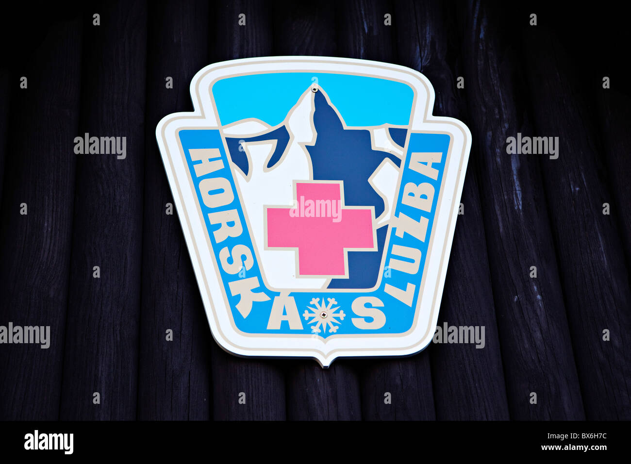 A sign of Mountain Rescue Service on Cervenohorske Sedlo (saddle) in ...